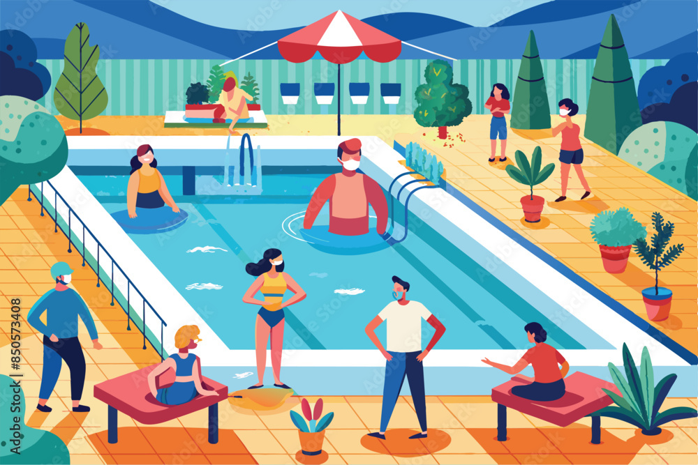 People relaxing and swimming at a pool while wearing masks to maintain ...