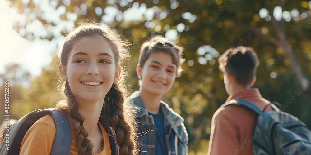 Junior high school friends bond on their way to school showcasing ...