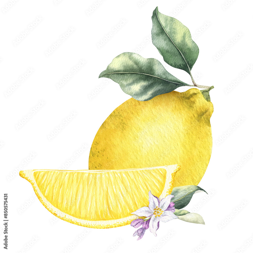 Lemon fruits, slice of lemon, flowers and leaves. Isolated hand drawn watercolor frame. Tropical ...