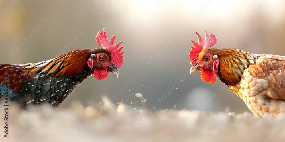 Two roosters facing off in isolated setting engaging in territorial ...