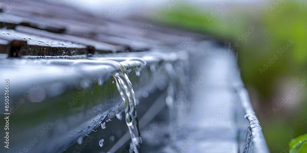 Closeup of gutter diverter guiding water to storage tank in macro view ...