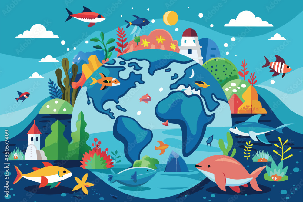 Illustration for World Oceans Day: Earth surrounded by marine life ...