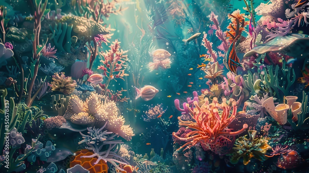 Underwater scene with vibrant coral reefs, marine life, and sunlight ...