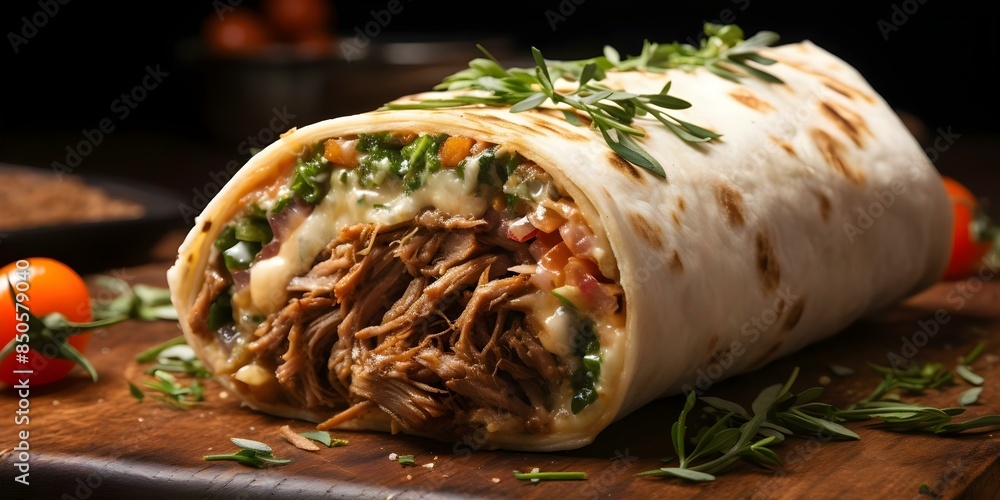 Side view of a grilled burrito filled with carnitas captured up close ...