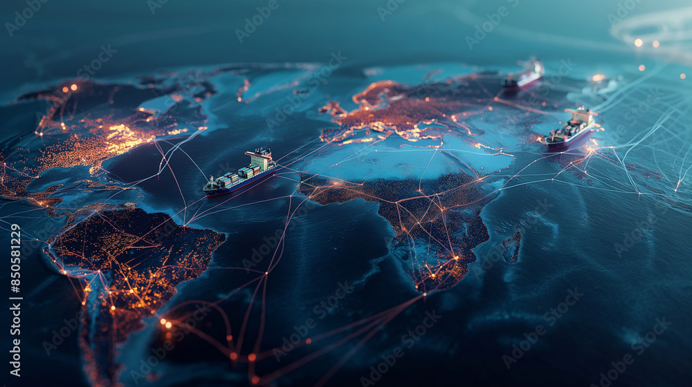 A dynamic visualization of AI algorithms optimizing global shipping ...
