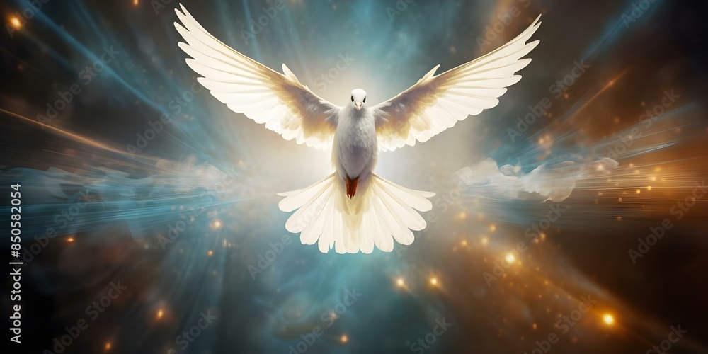 Artistic depiction of Holy Spirit as a luminous dove in celestial ...