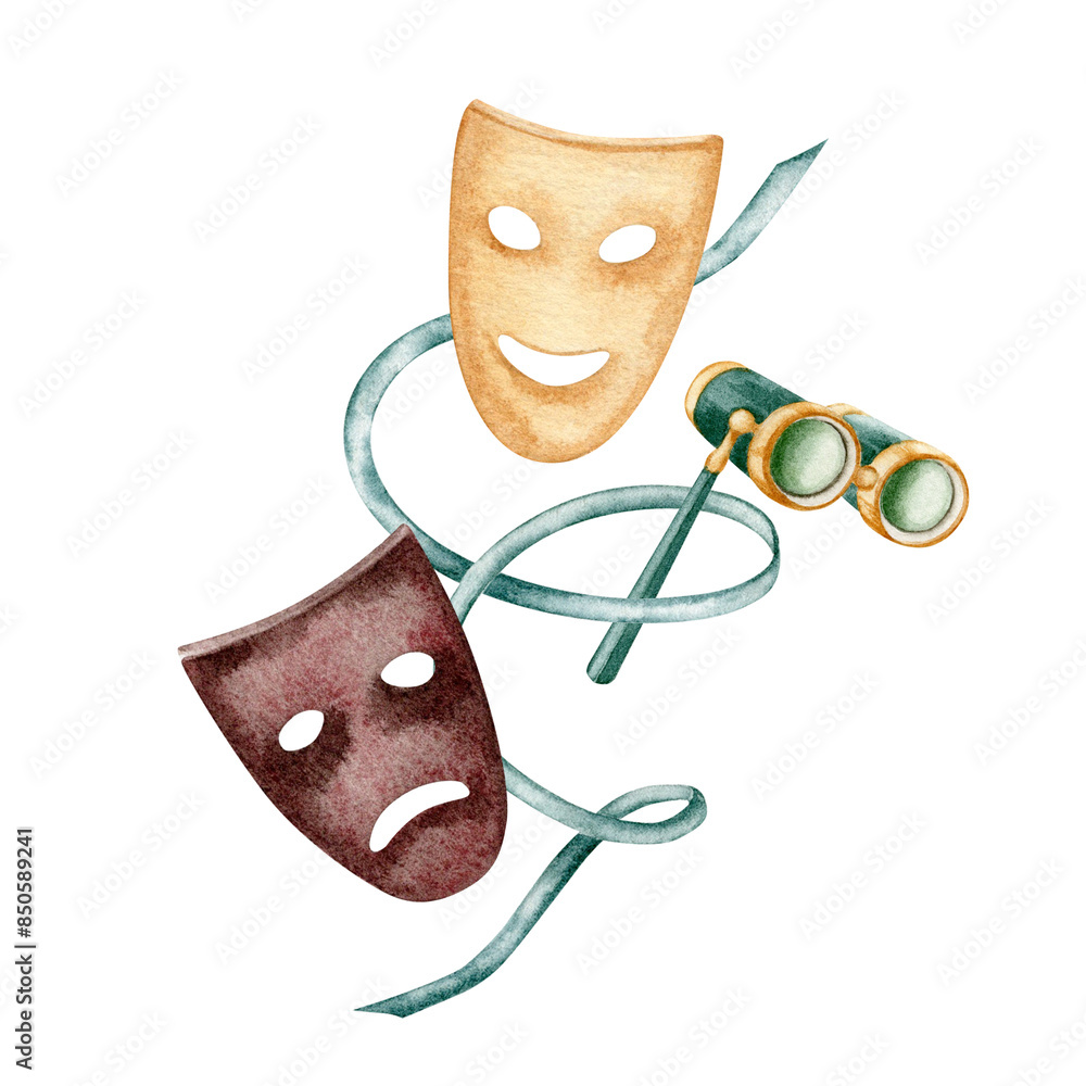 Theatrical comedy and tragedy emotion masks with binoculars. Watercolor ...