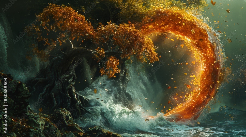 photograph of A figure commanding the four elements: swirling air with ...