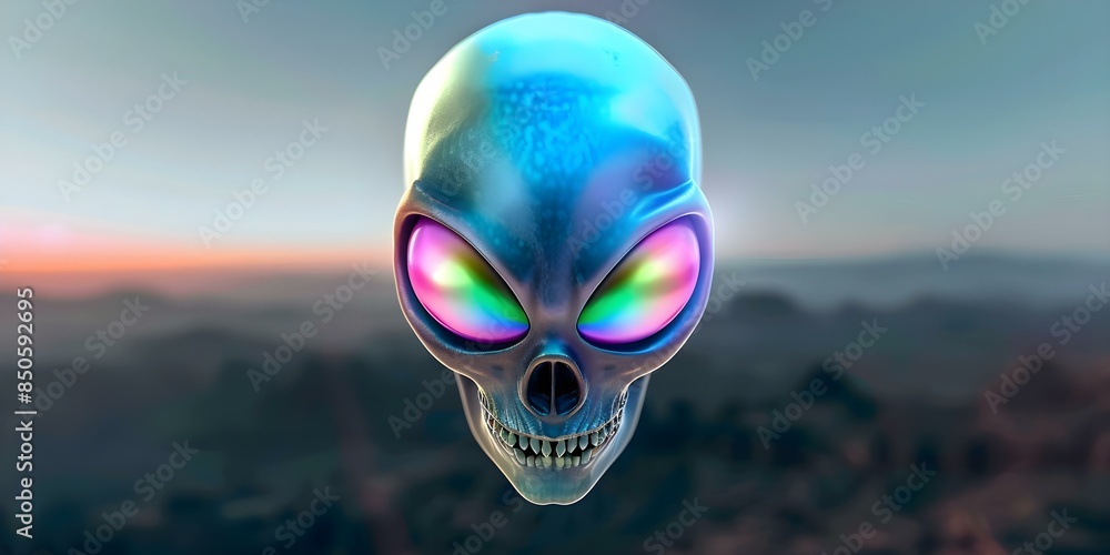 Alien skull with rainbow eyes floating over psychedelic landscape dark ...