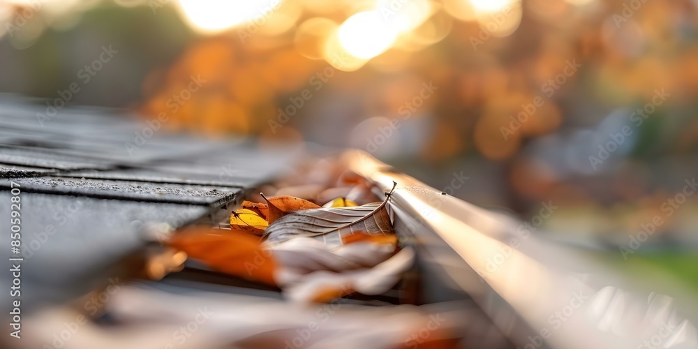 Clogged roof gutter with leaves and debris damaging plastic gutter ...