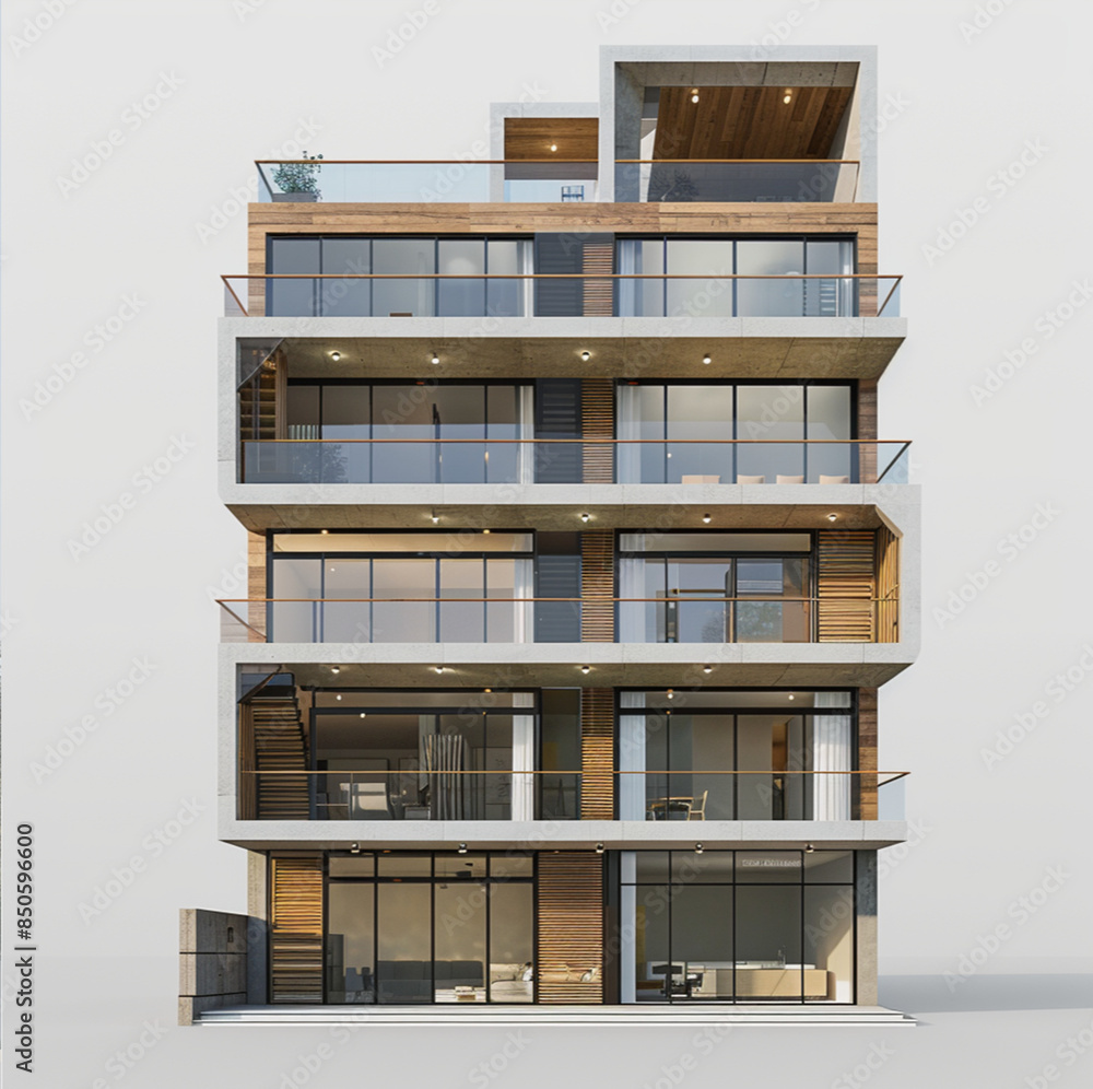 3D elevation view of a many-story building. The building is divided ...