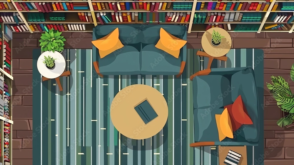 library interior flat design top view book arrangement theme animation ...