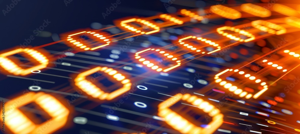 Neon binary code grid set amid swirling abstract shapes for a vibrant ...