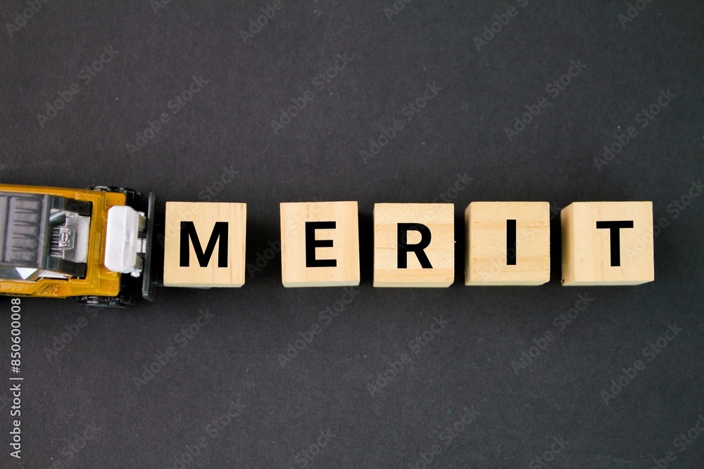 wooden block with the word merit. noun. a quality deserving blame ...
