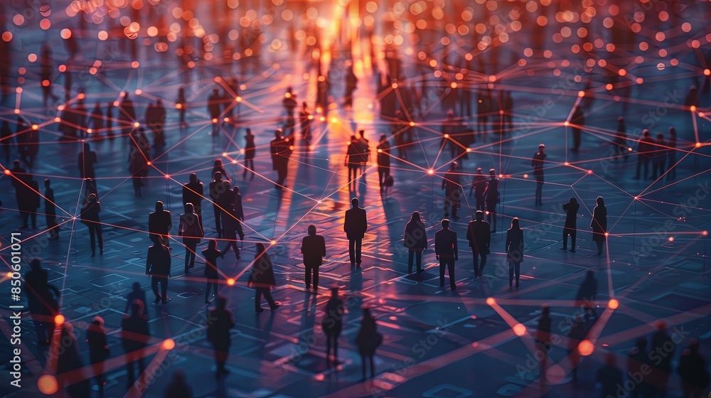 Artistic representation of a network with silhouetted human figures ...