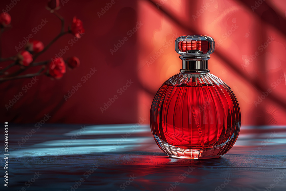 Bottle of perfume without a label on a red background. Trending concept ...