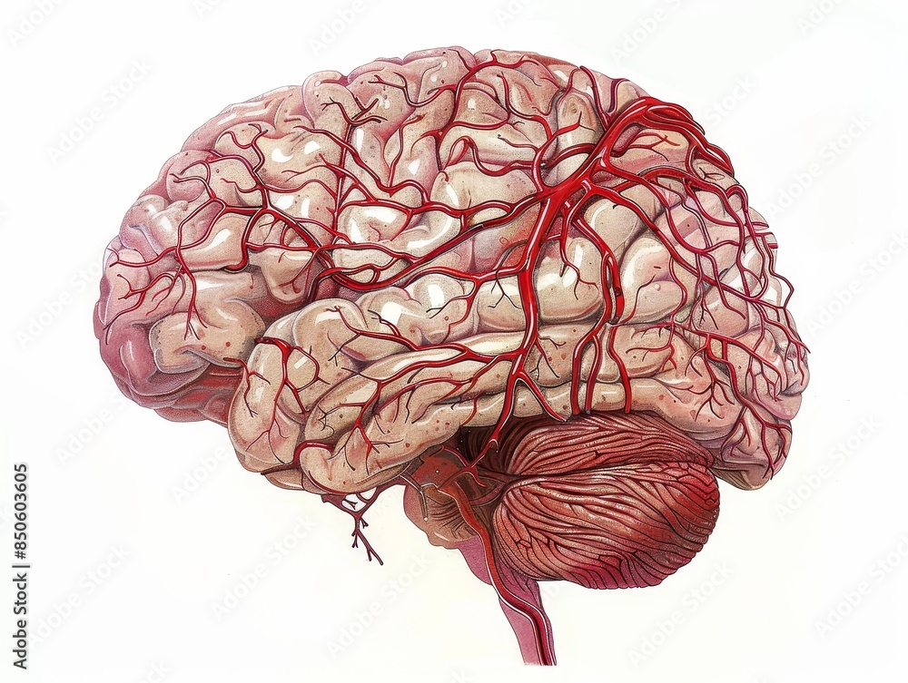 Illustration of the Human Brain with Vascular System - A detailed anatomical illustration of the ...