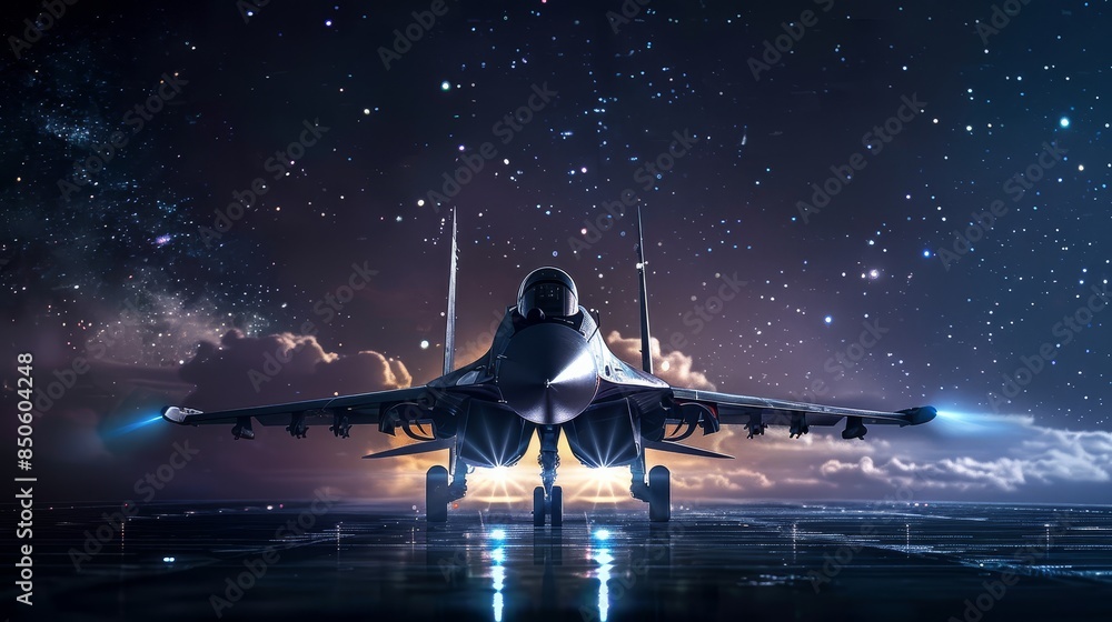 Fighter Jet on a Runway Under a Starry Sky - A military fighter jet ...