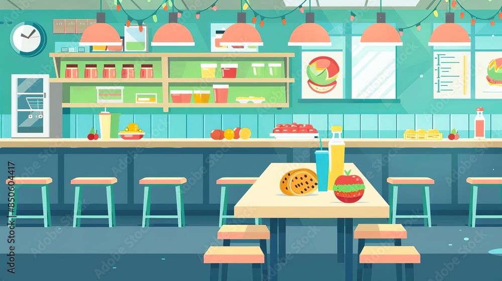 healthy eating at school flat design side view cafeteria lunch theme ...
