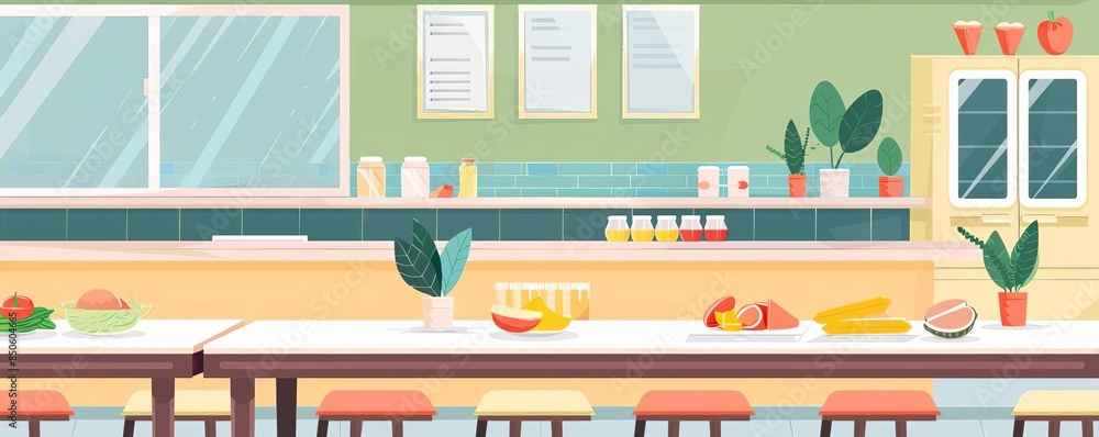 healthy school lunch flat design side view cafeteria setting theme ...