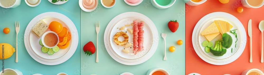 lunchtime in cafeteria flat design top view nutritious meals theme 3D ...