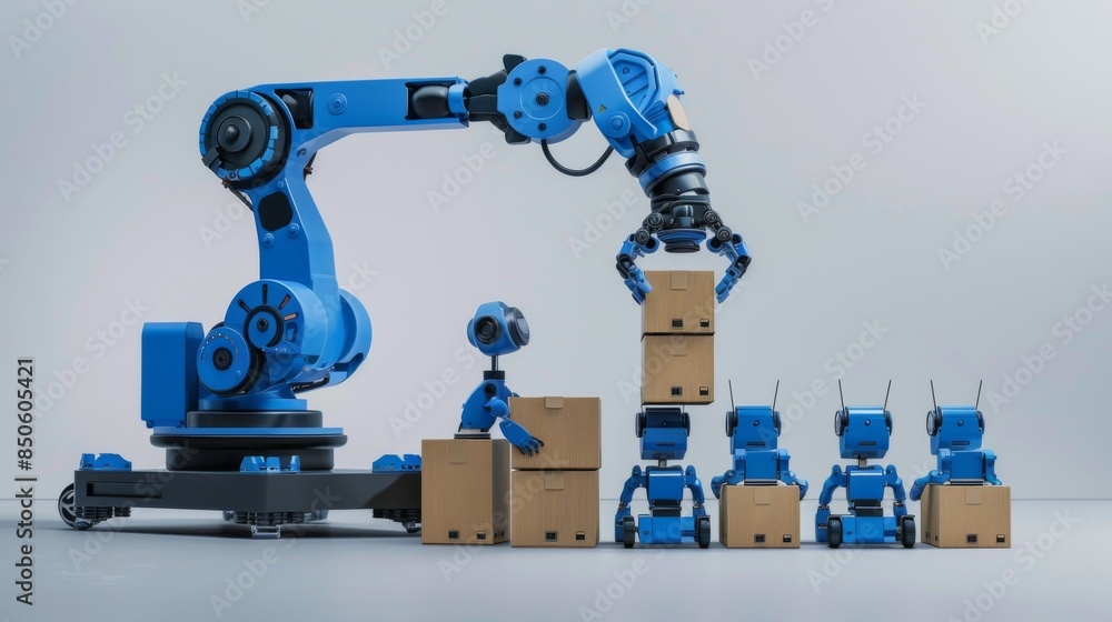 Inventor with autonomous guided robot moving on AGV system with robotic arm carrying cardboard ...