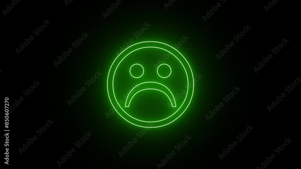 Glowing green neon sad smile symbol blinking animation. Sad emoji ...