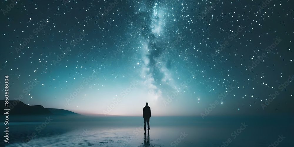 Surreal image of person gazing into endless universe with cosmic ...