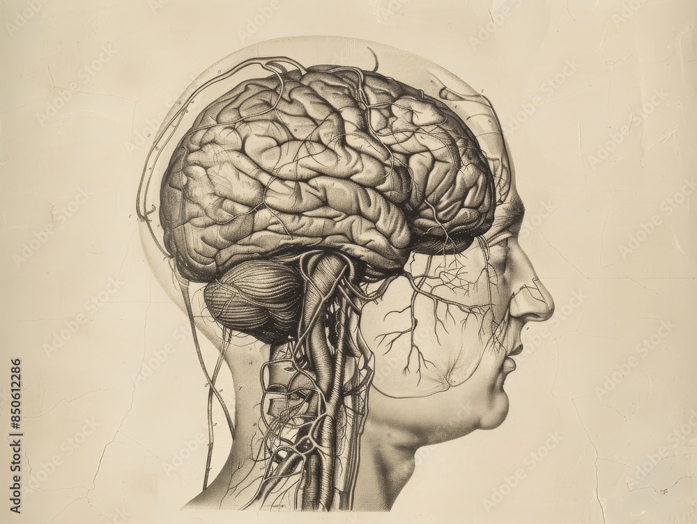 Detailed Anatomical Illustration of the Human Brain and Nerves - A ...