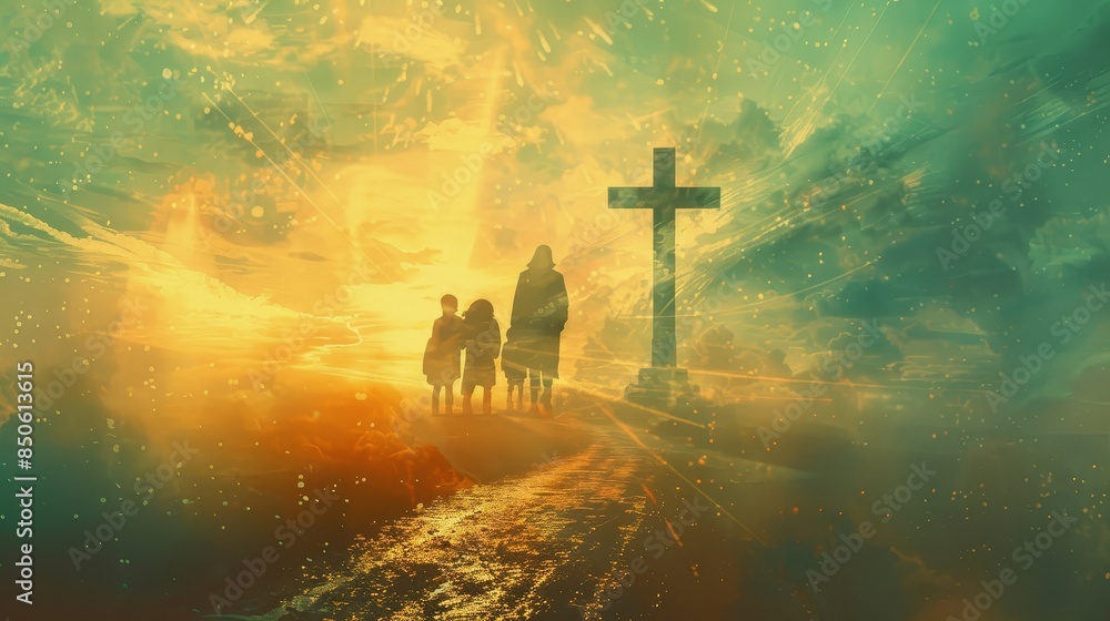 Family Walking Towards a Cross in a Golden Sky - Silhouettes of a ...