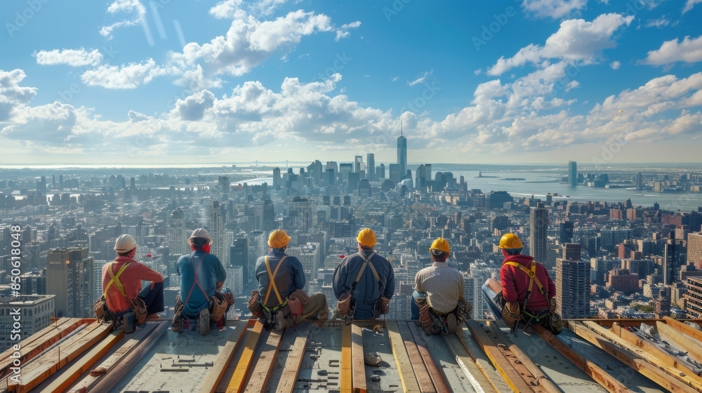 Seven construction workers sitting on steel beams high above a city ...