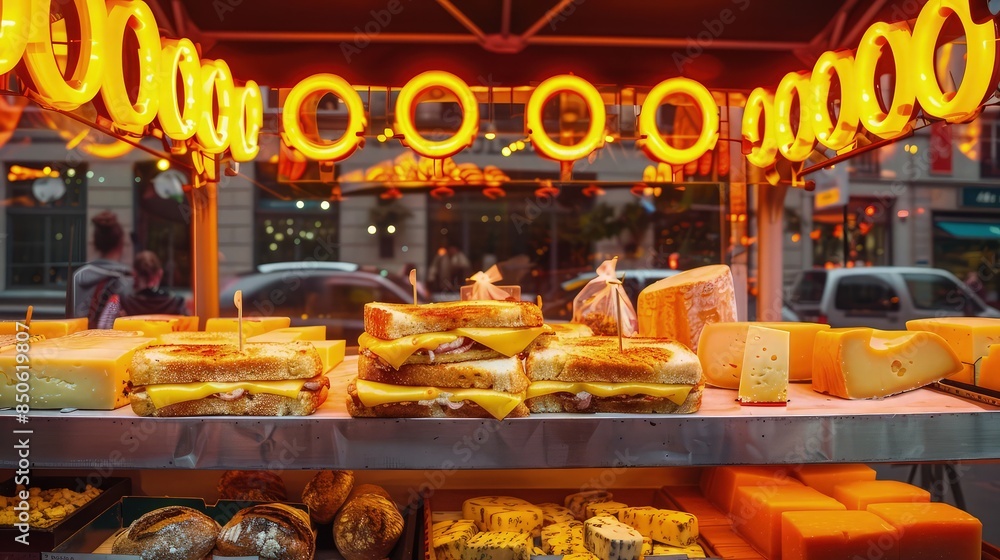 A night market stall offering gourmet grilled cheese sandwiches under a ...