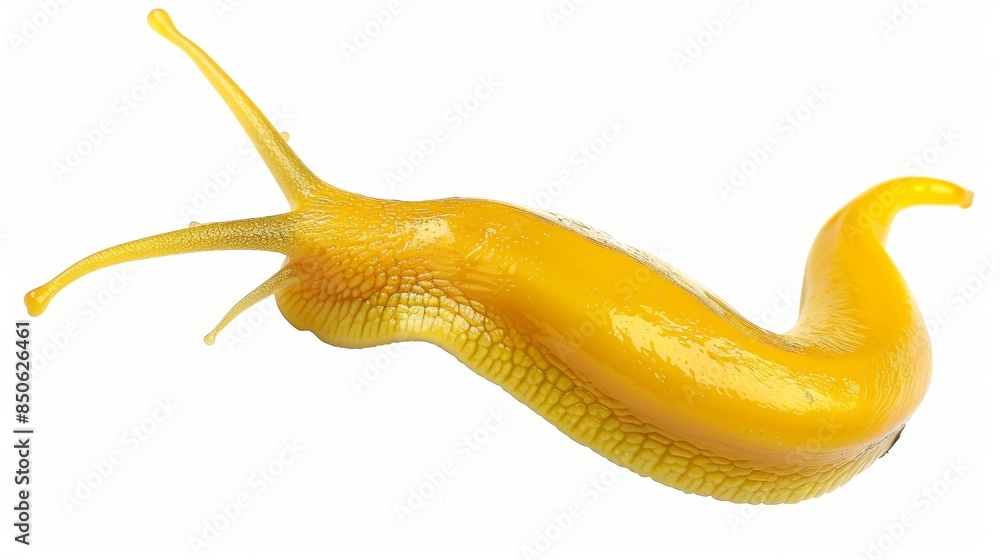 Slow-crawling yellow banana slug displays its vibrant color and ...