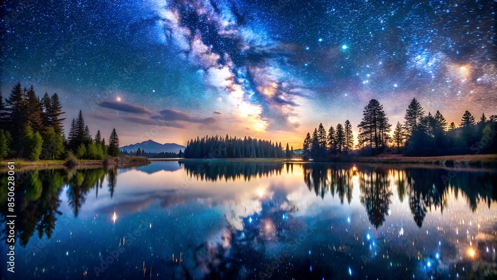 a serene landscape under a star-studded night sky. The Milky Way galaxy ...