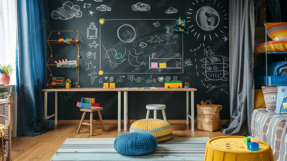 Detailed view of a custom-made blackboard in a child's room, chalked ...