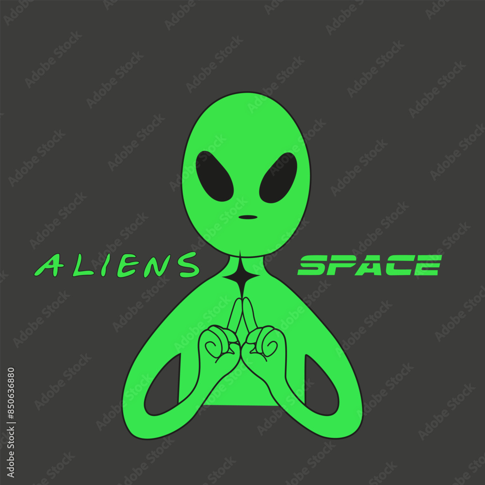 Vetor de Green aliens illustration with inscriptions. Vector flat ...