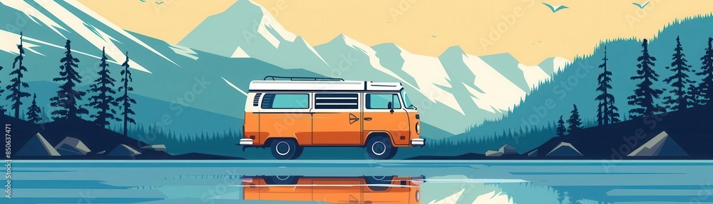 nature trip flat design side view campervan by water animation ...