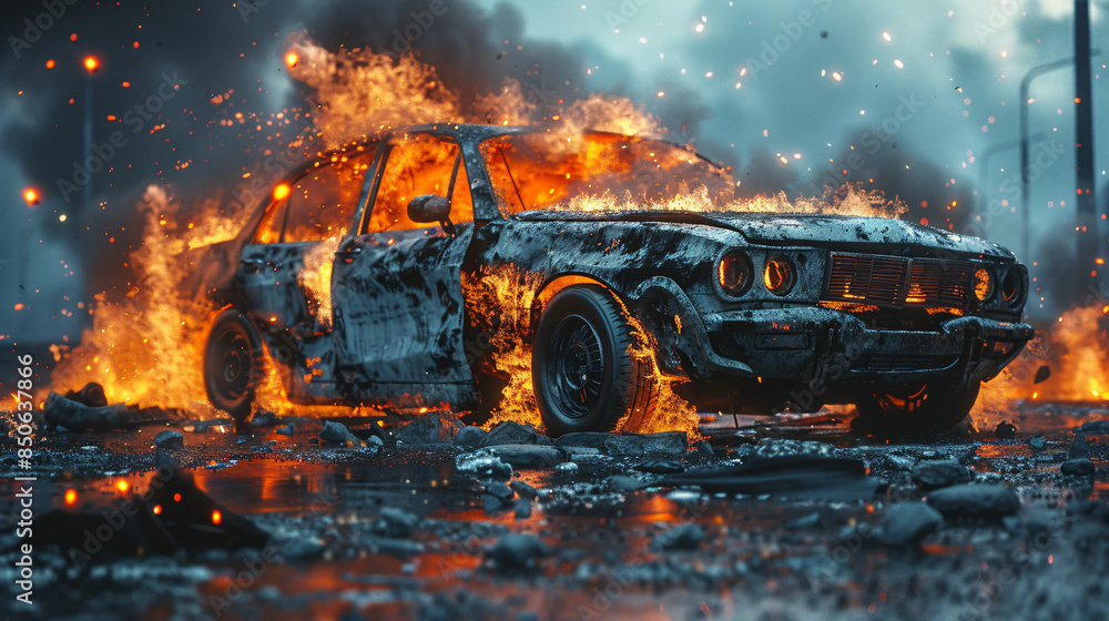 Burning damaged car on road after accident. Wrecked car Stock Photo ...
