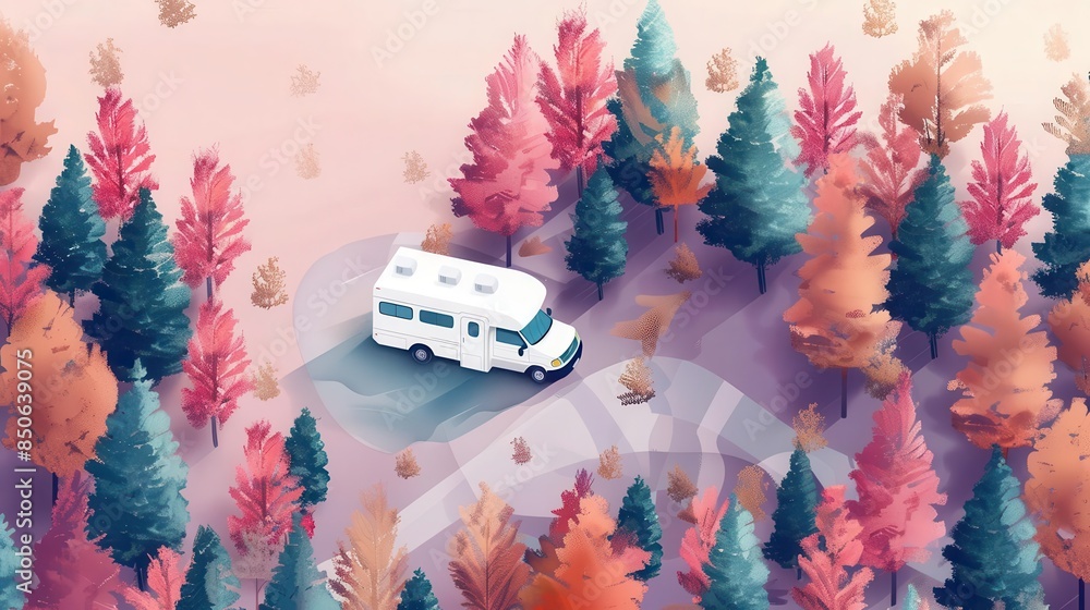 RV travel flat design top view forest journey watercolor Triadic Color ...