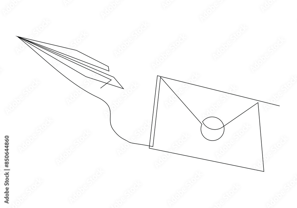 Continuous single line sketch drawing of envelope mail with flying ...