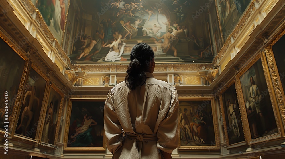 Amidst the hushed elegance of an ancient museum, a woman stands ...