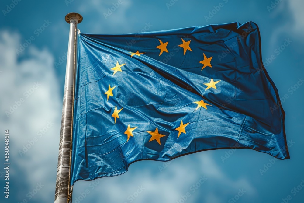 European Union's flag stands out with its circle of golden stars ...