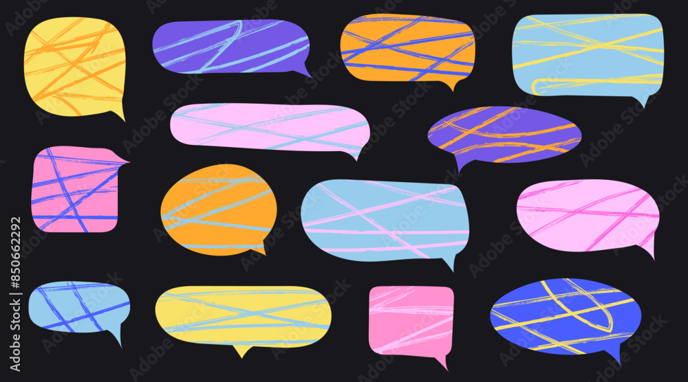 Set of colorful speech bubbles. Dialogue box in doodle style with ...