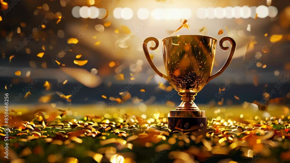 gold winners sports cup on festive background with confetti, design ...