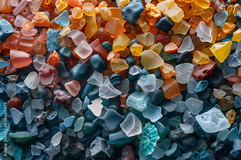 Scientific study of microplastics under a microscope with detailed texture and color variations ...