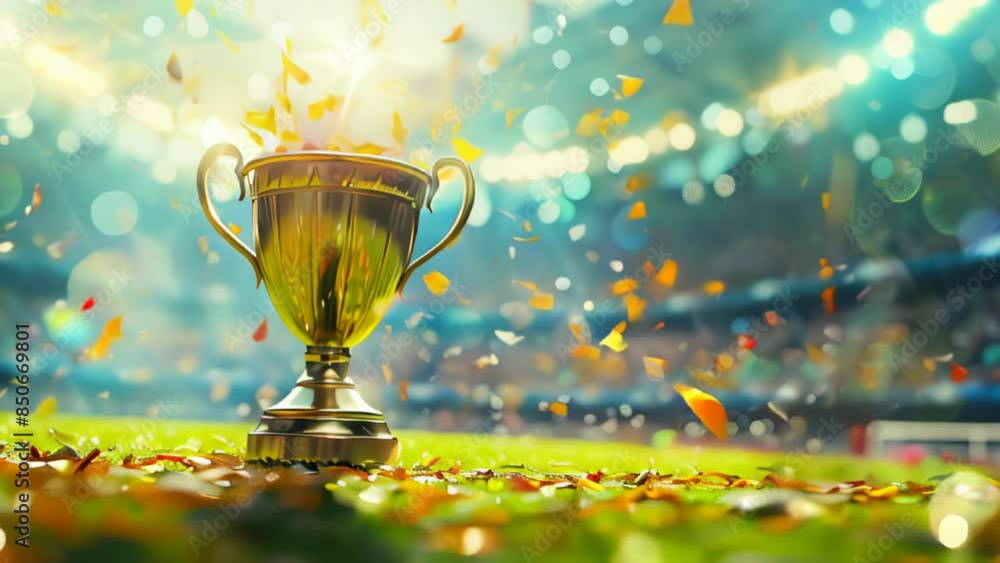 gold winners sports cup on festive blurred sport. stadium background ...