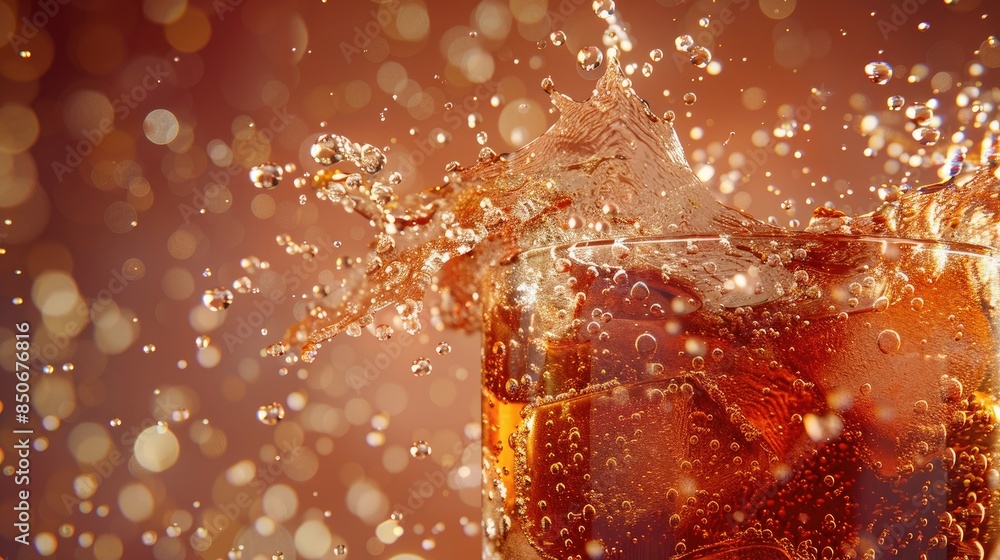 Dynamic splash of cola from a tilted glass, with droplets and fizz ...