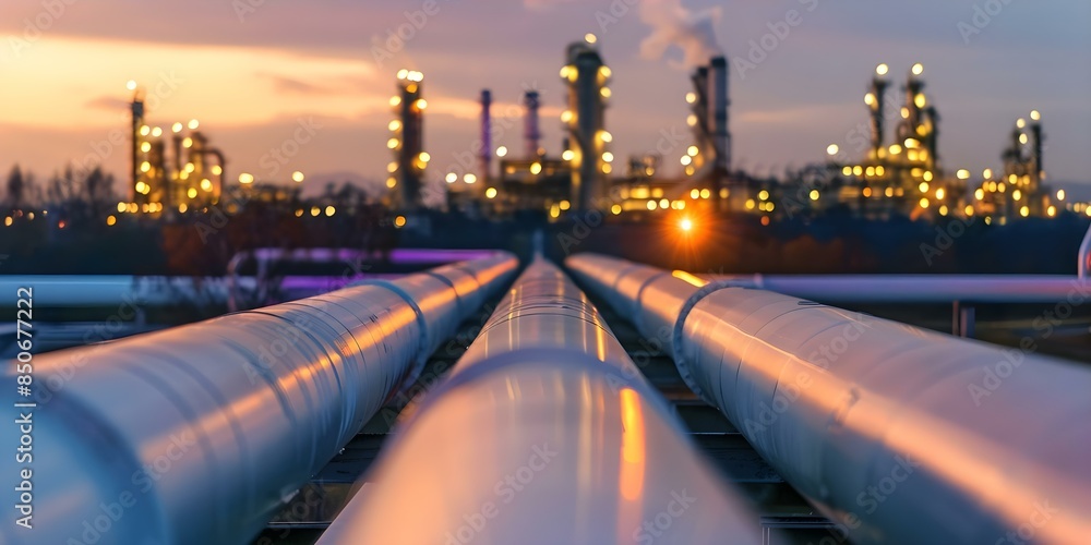 Focus on large oil gas pipeline with blurred refinery background. Concept Oil pipeline, Refinery ...