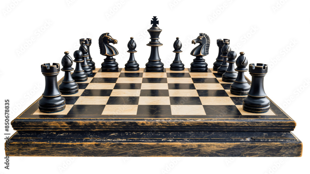 Black chess pieces on the vintage wooden chessboard, object isolated on ...