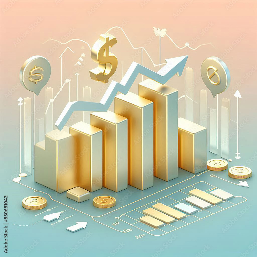 3D Simplified icons of downward trending arrows over a bar graph, clear ...